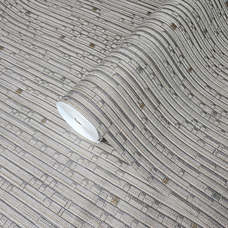 Striped Wallpaper Gray Gold Tan Textured Vertical Faux Bamboo ...