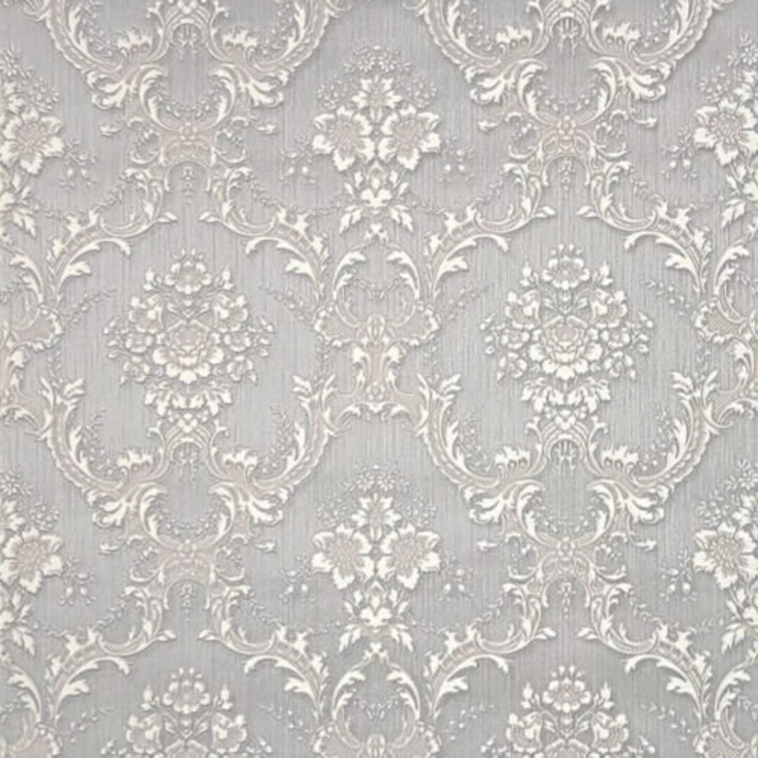 Satin Gray Silver Tan Victorian Damask Faux Silk Fabric Textured ...