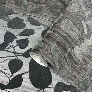 Flocked Wallpaper Black Gray Metallic Textured Flocking Leaves Velvet ...