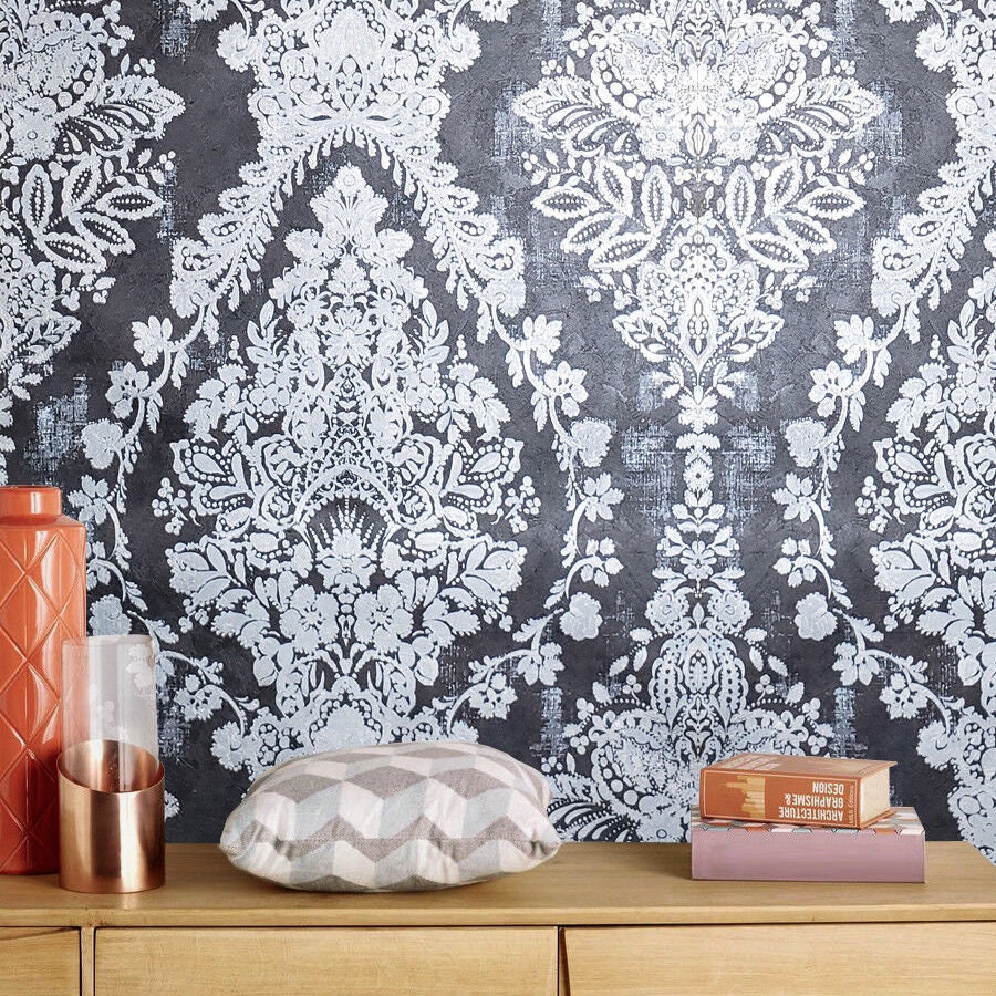 Textured Wallpaper Black Silver Metallic Rust Vintage Damask - Etsy