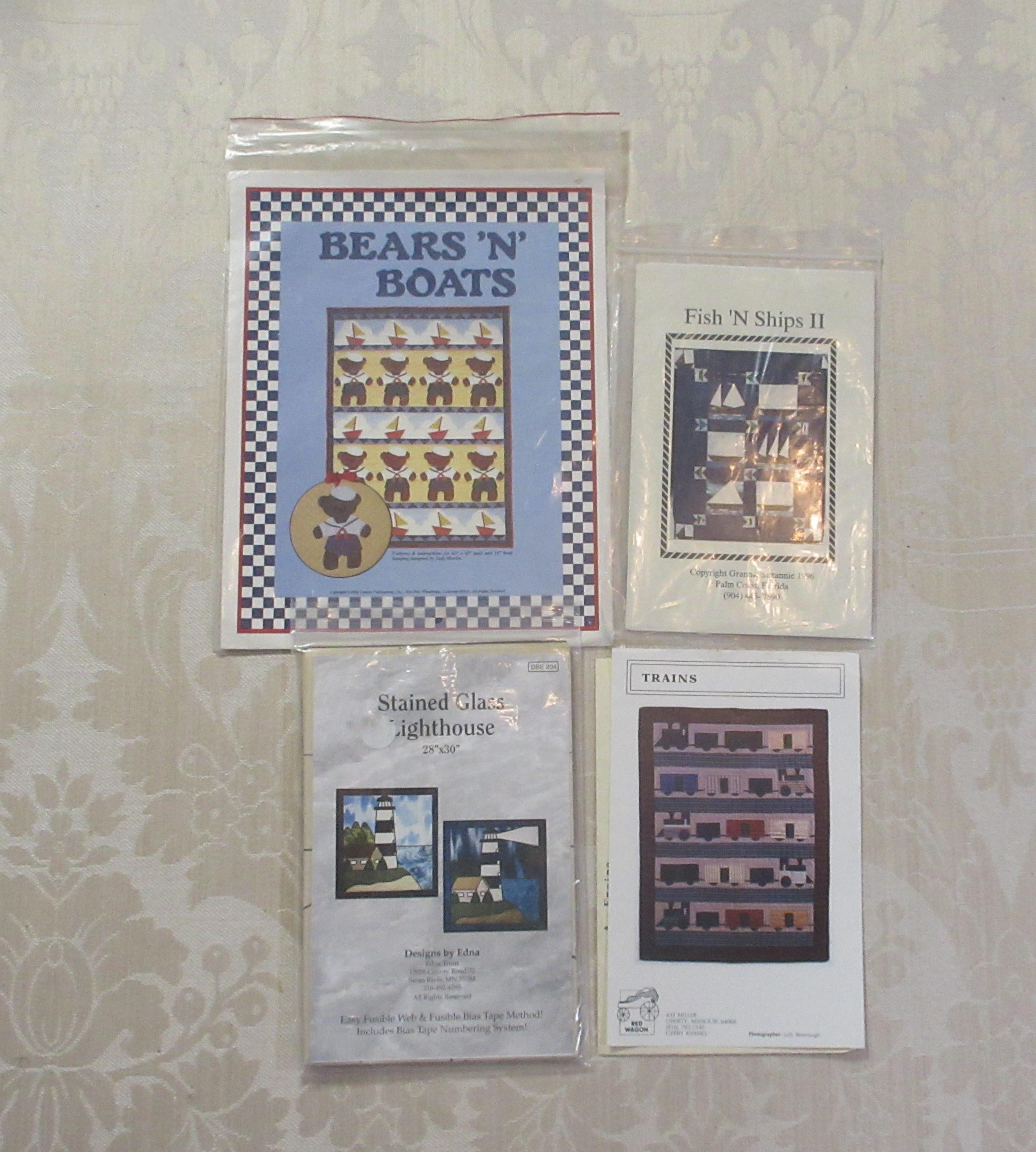 Vintage Patchwork Quilt Pattern Lot Bears Boats Trains Lighthouse Fish ...
