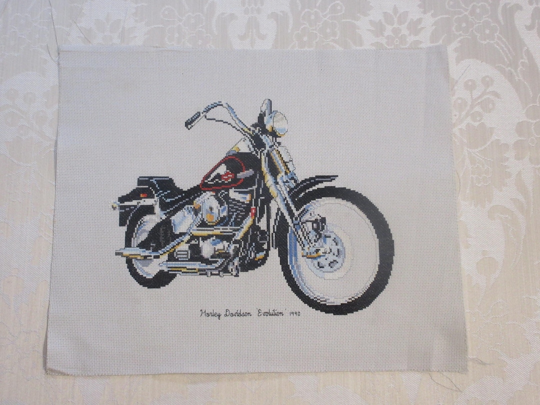 Vintage Harley Davidson Evolution Motorcycle Cross Stitch Sampler 1990 ...