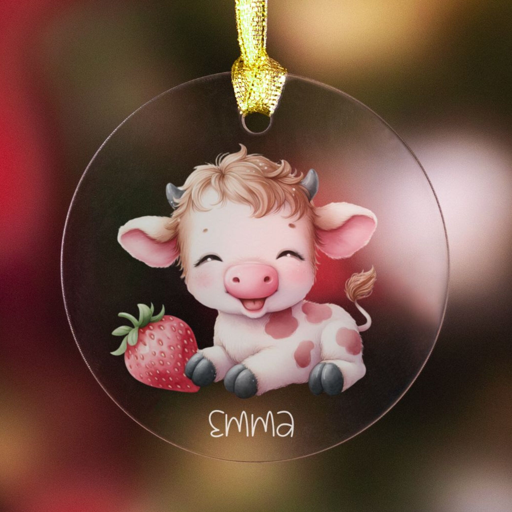 Personalized Strawberry Cow Ornament Glass/acrylic Pink Baby Cow Cute ...