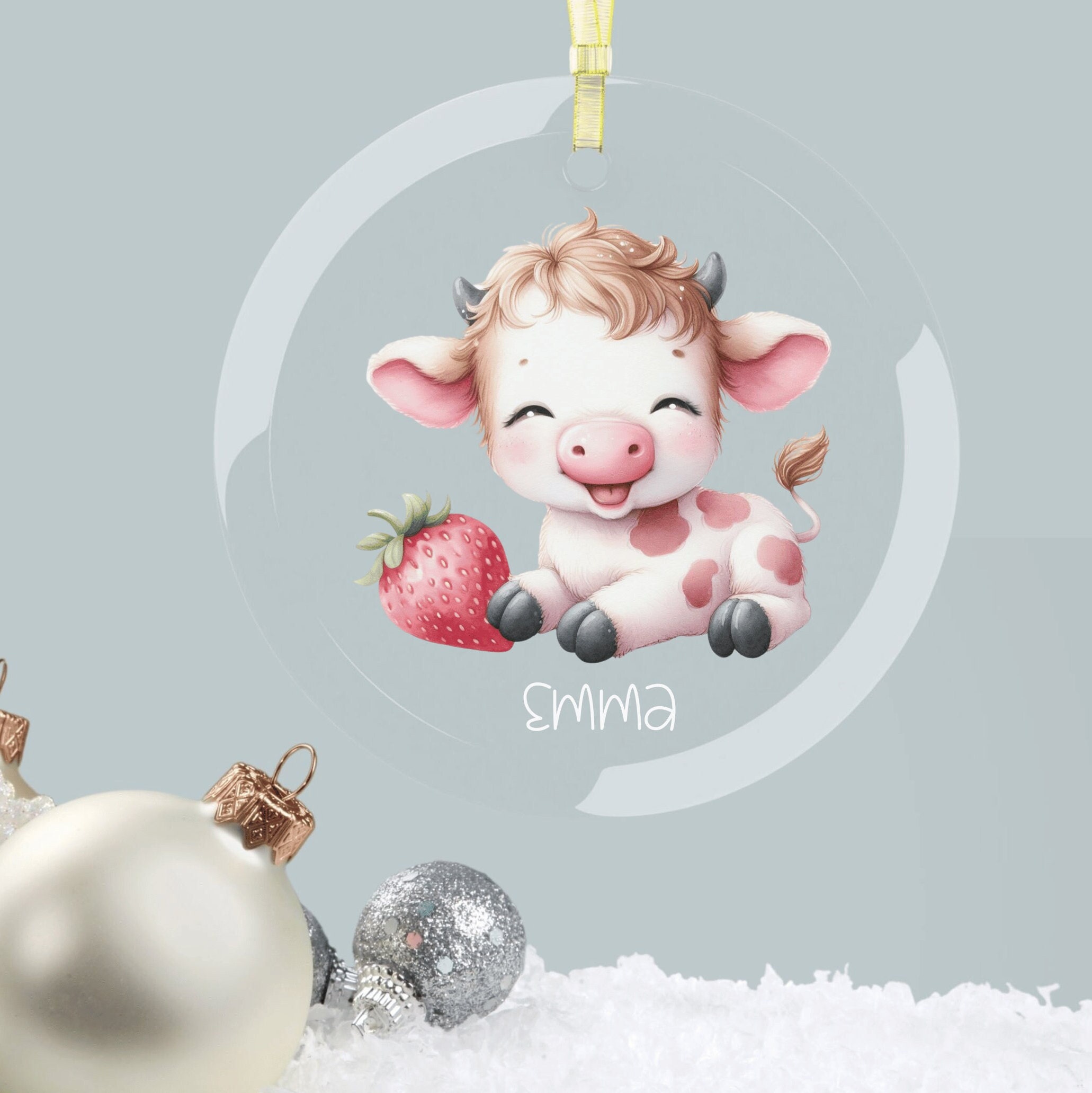 Personalized Strawberry Cow Ornament Glass/acrylic Pink Baby Cow Cute ...
