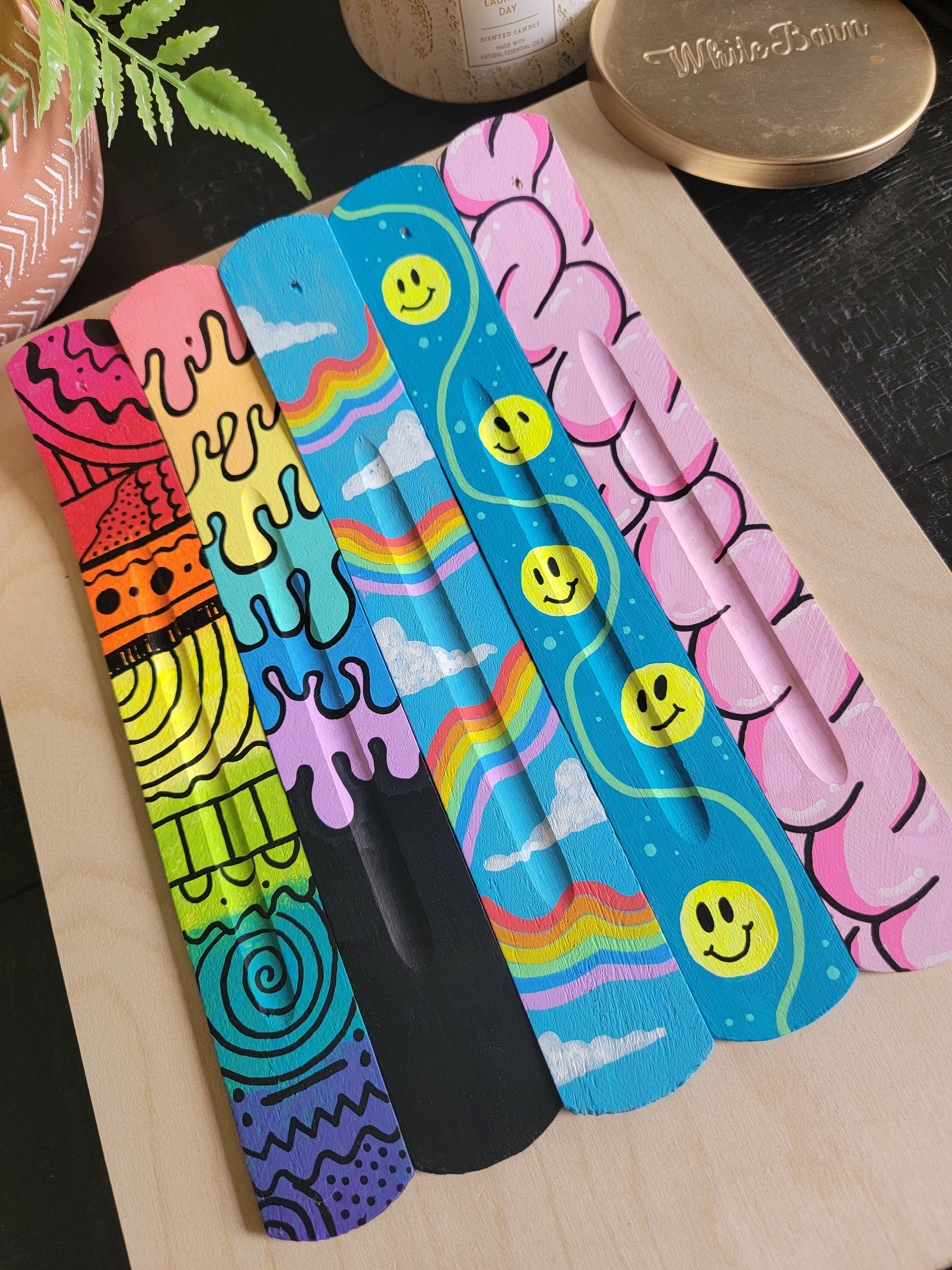 Trippy Vibes! Hand Painted Wooden Stick Incense Holders - Incense ...