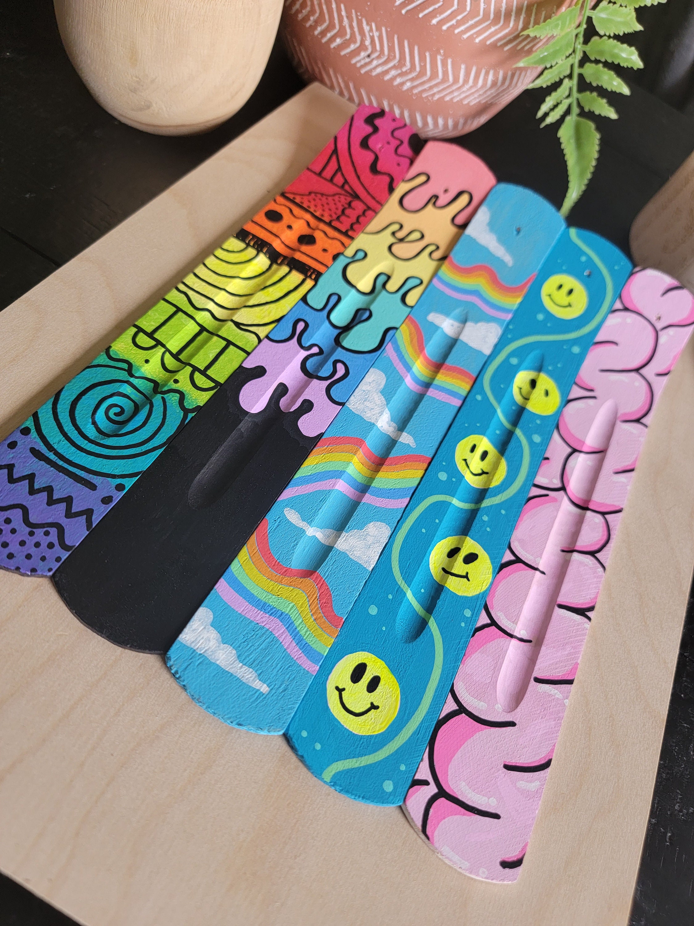 Trippy Vibes! Hand Painted Wooden Stick Incense Holders - Incense ...