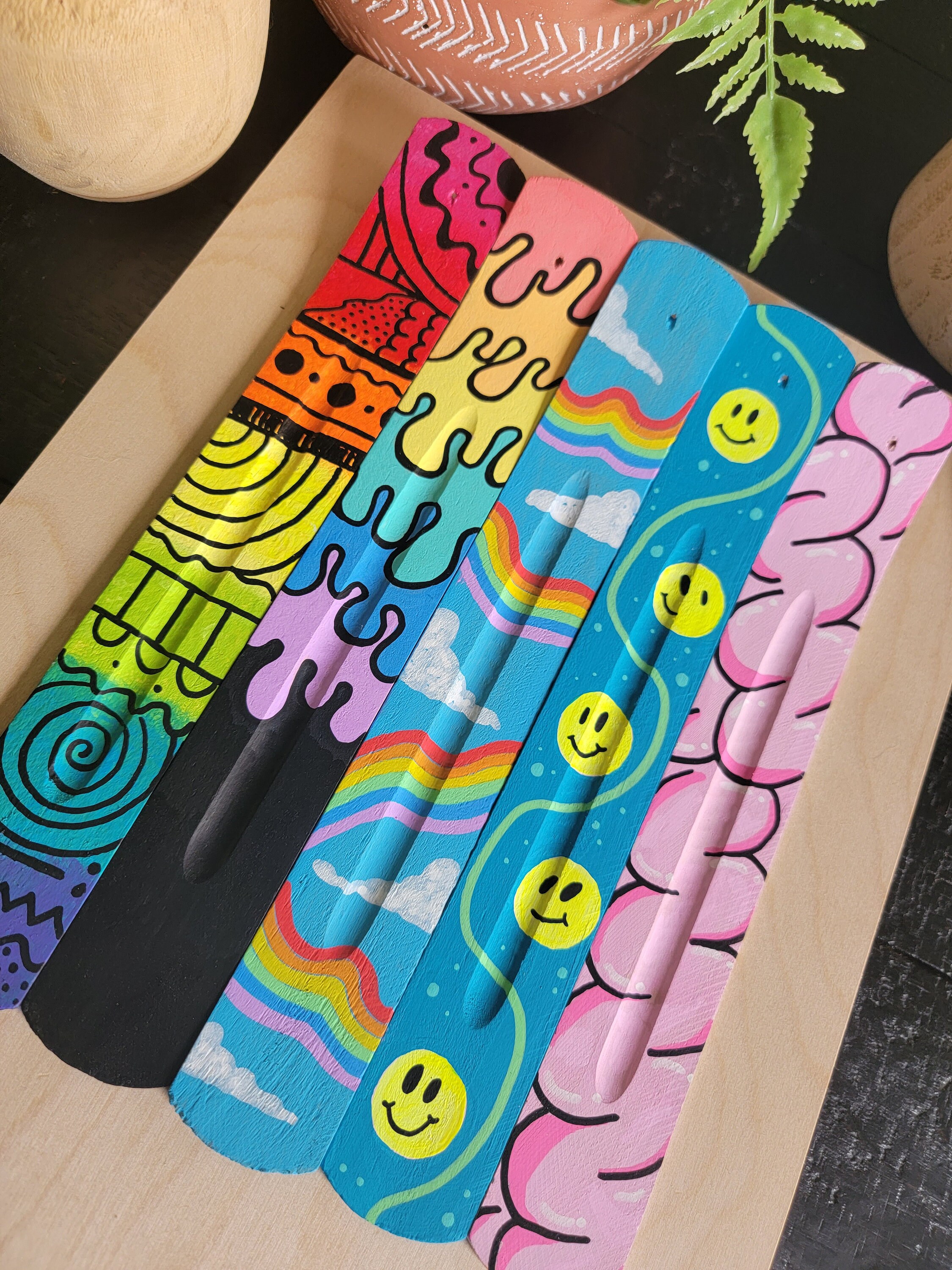 Trippy Vibes! Hand Painted Wooden Stick Incense Holders - Incense ...
