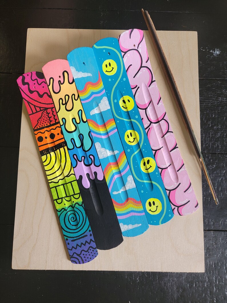 Trippy Vibes! Hand Painted Wooden Stick Incense Holders - Incense ...