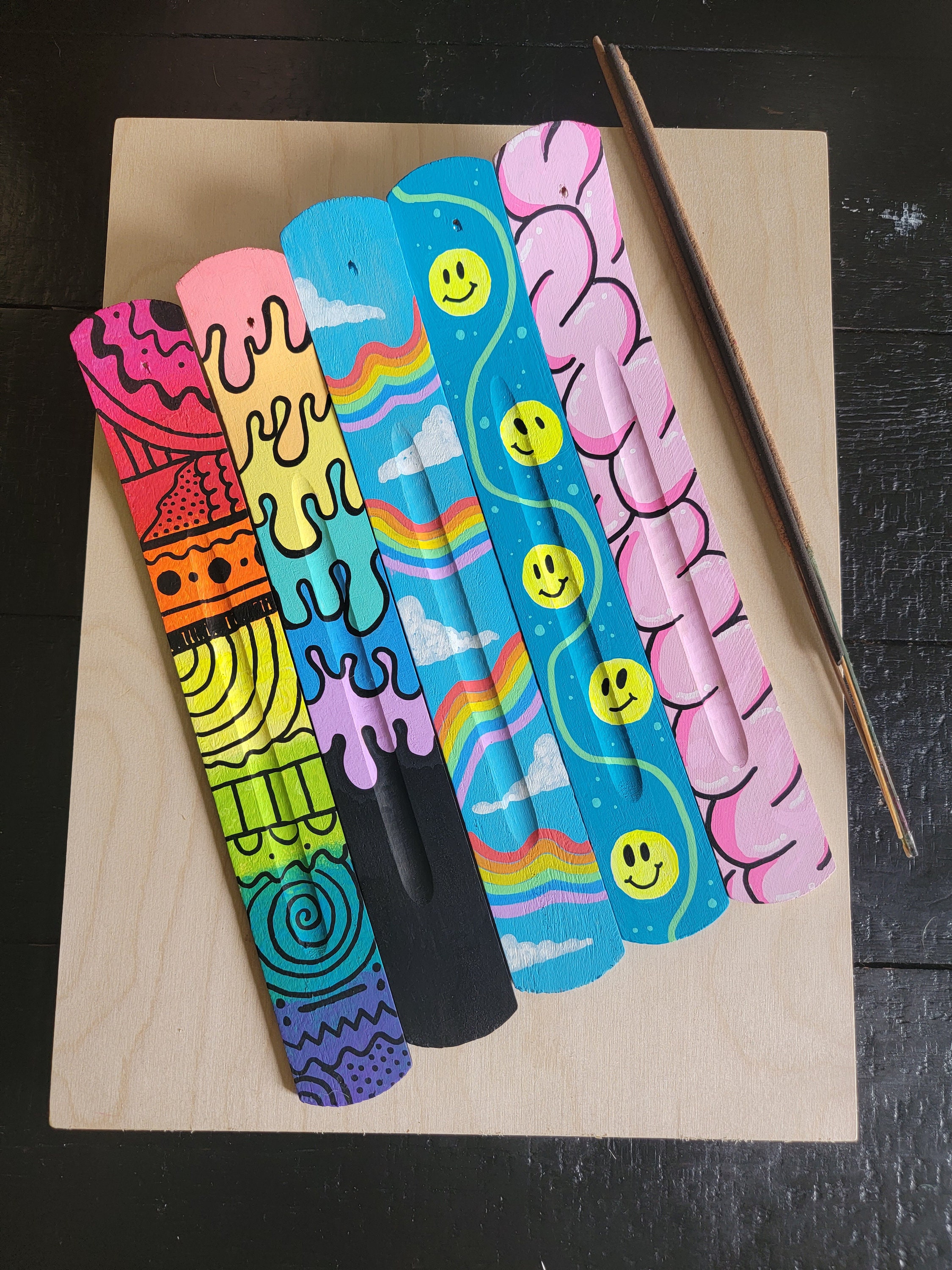 Trippy Vibes! Hand Painted Wooden Stick Incense Holders - Incense ...