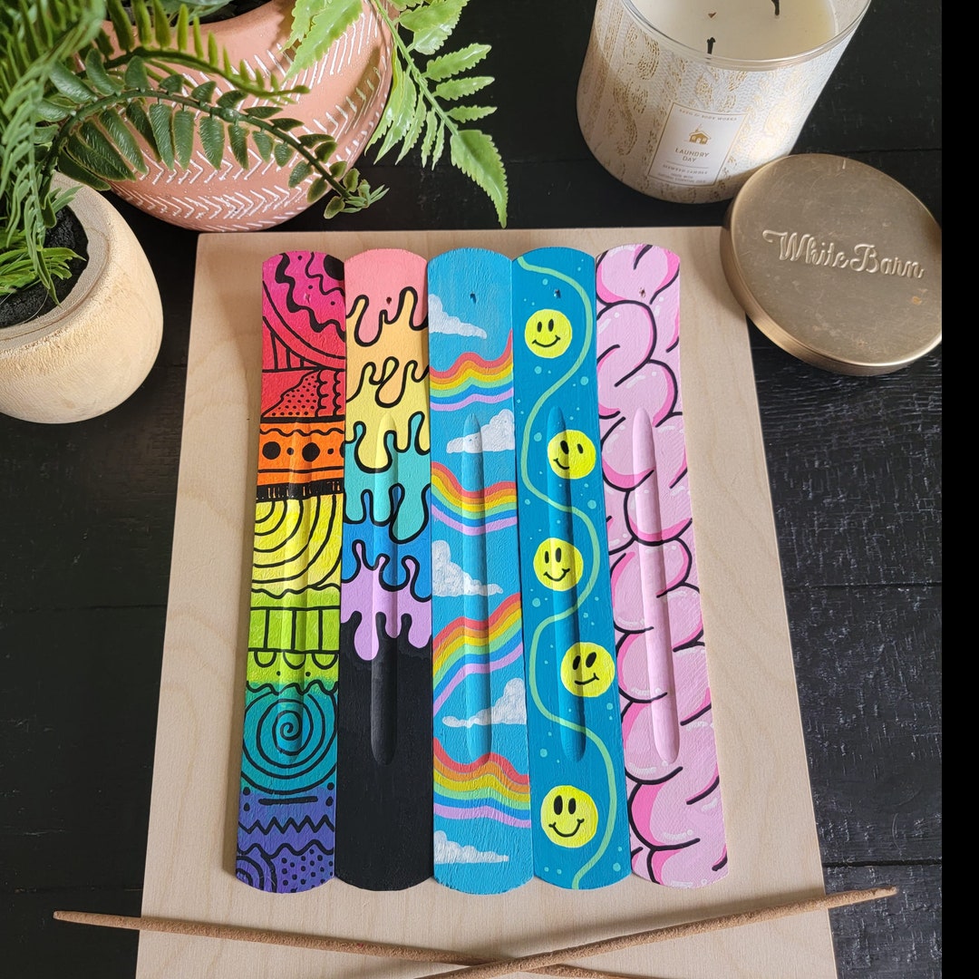 Trippy Vibes! Hand Painted Wooden Stick Incense Holders - Incense ...