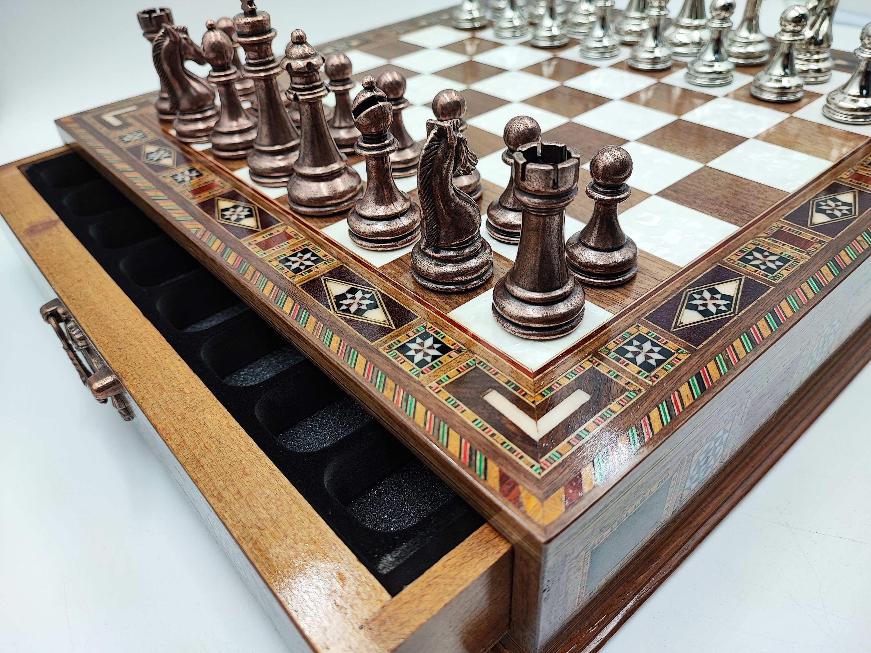 Christmas Walnut & White Mother of Pearl Storage Drawer Chess Set ...