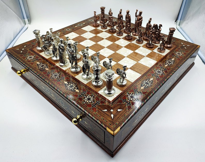 20'' Large Chess Set, Walnut Drawer Chess Board, Premium Genuine Pearl ...