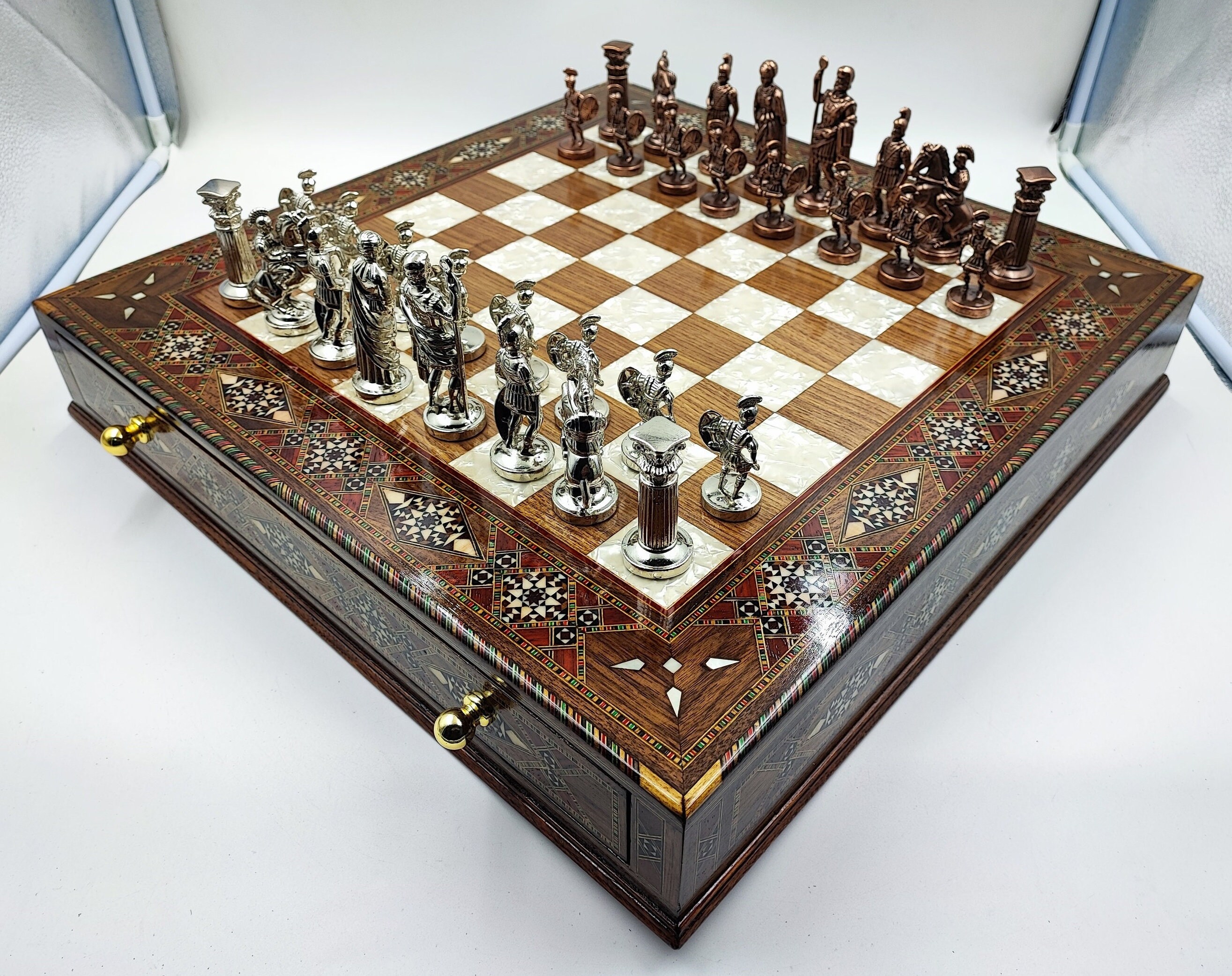 20'' Large Chess Set, Walnut Drawer Chess Board, Premium Genuine Pearl ...