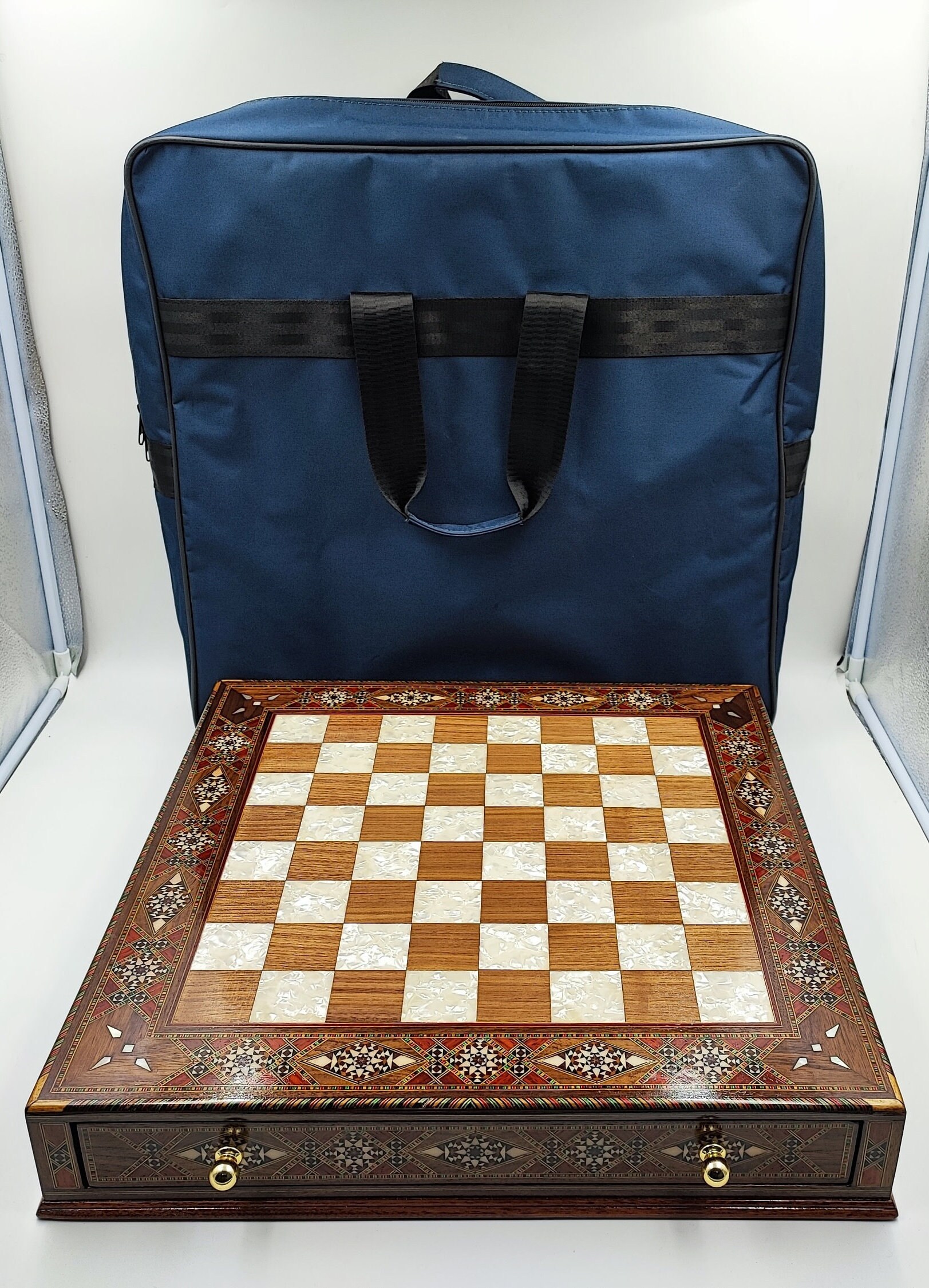 20'' Large Chess Set, Walnut Drawer Chess Board, Premium Genuine Pearl ...