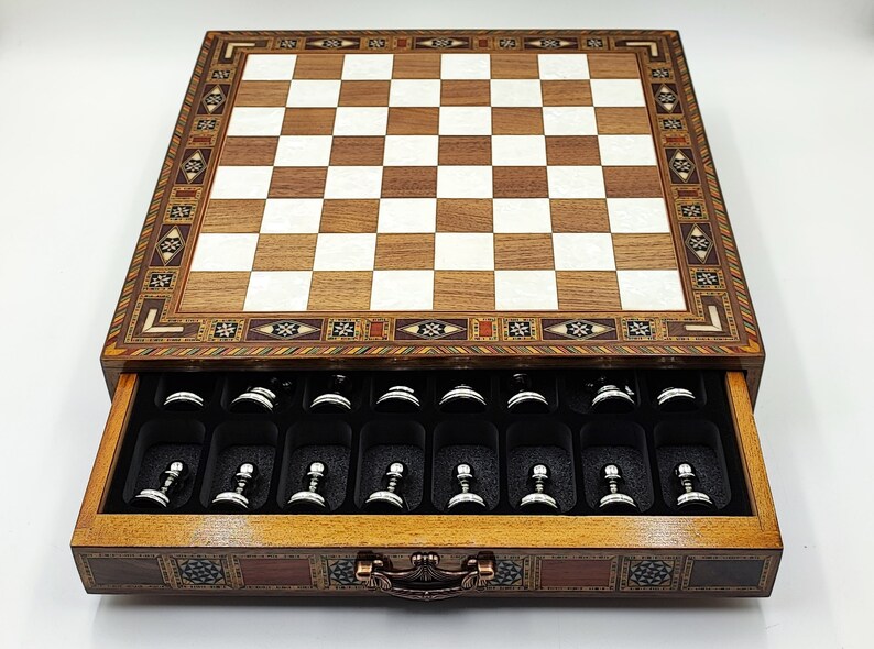 Christmas Walnut & White Mother of Pearl Storage Drawer Chess Set ...