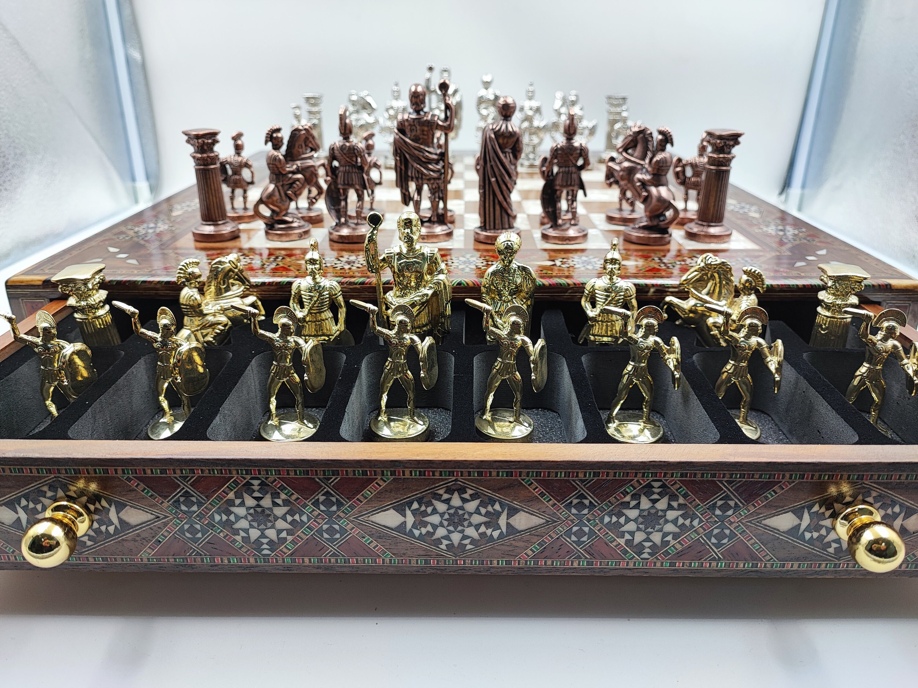 20'' Large Chess Set, Walnut Drawer Chess Board, Premium Genuine Pearl ...
