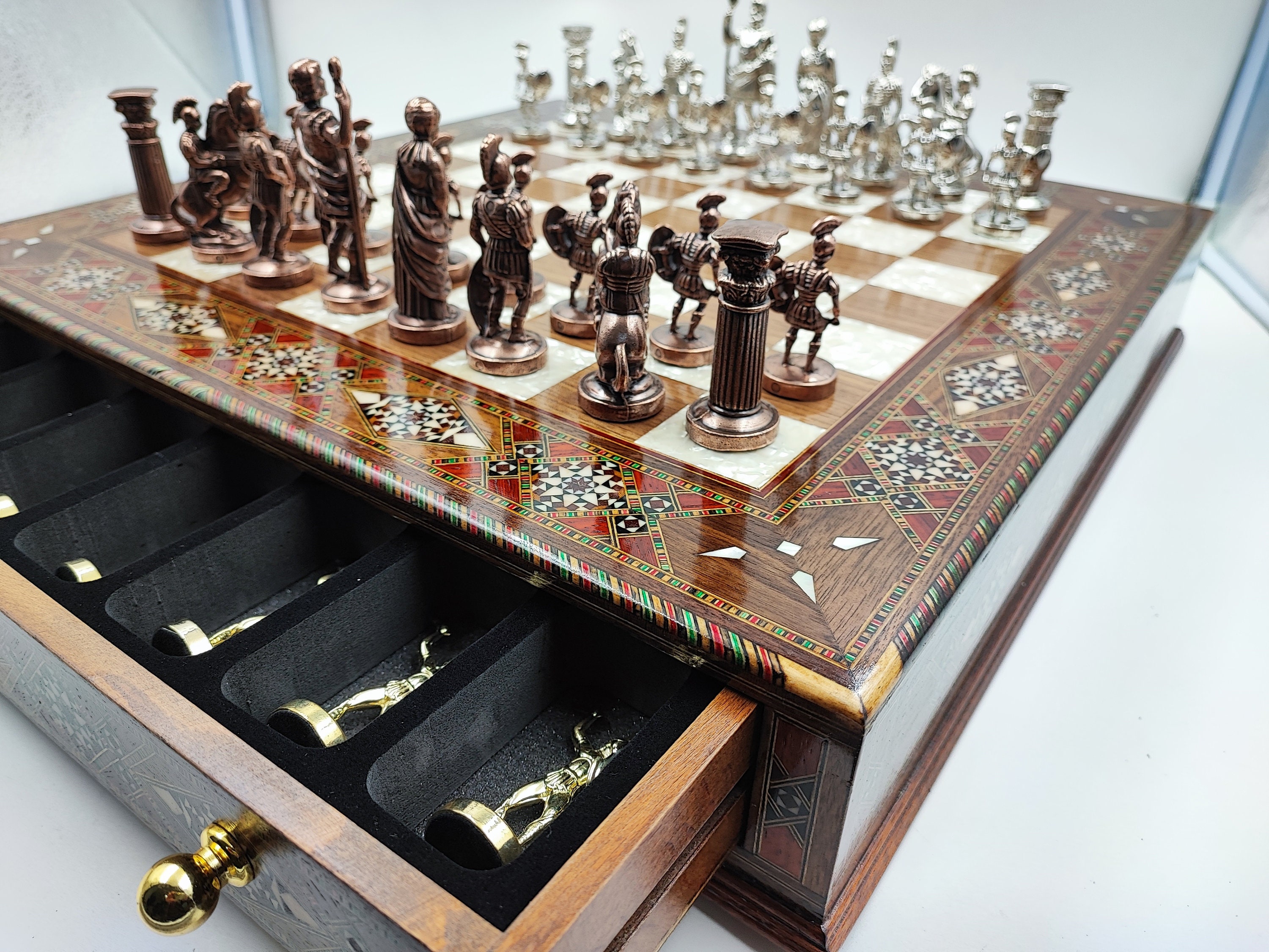 20'' Large Chess Set, Walnut Drawer Chess Board, Premium Genuine Pearl ...
