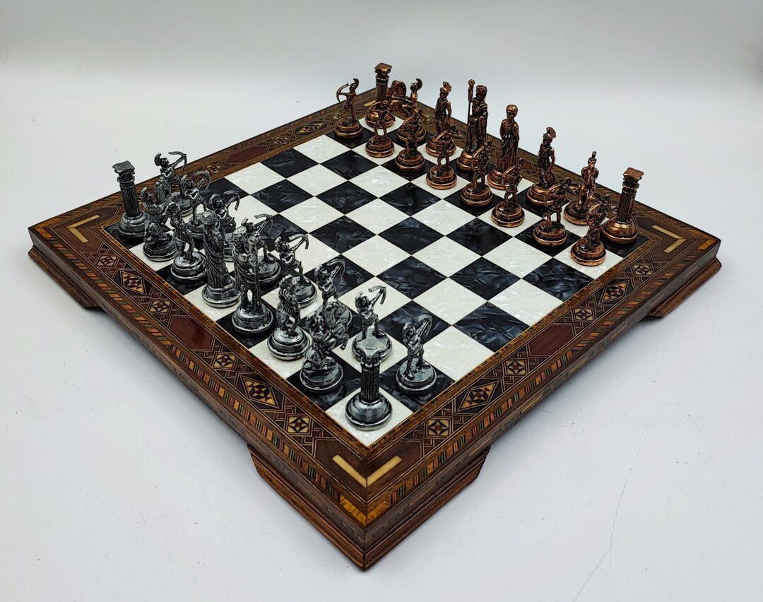 Black Design Mother of Pearl Pieces, Archer Chess Set, Handmade Unique ...