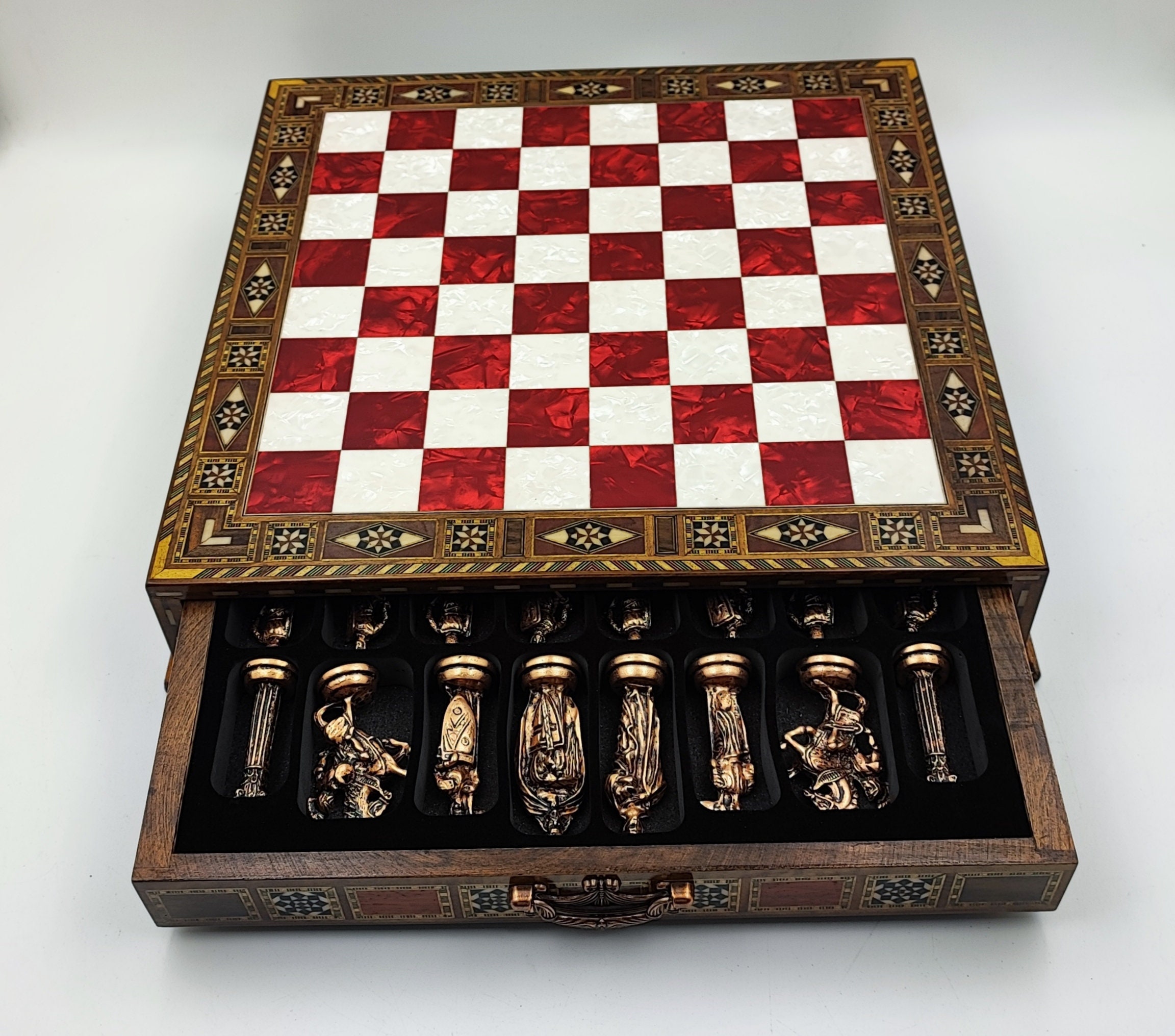 Large Drawer Chess Set, Handmade Metal Pieces With Inside Storage Chess ...