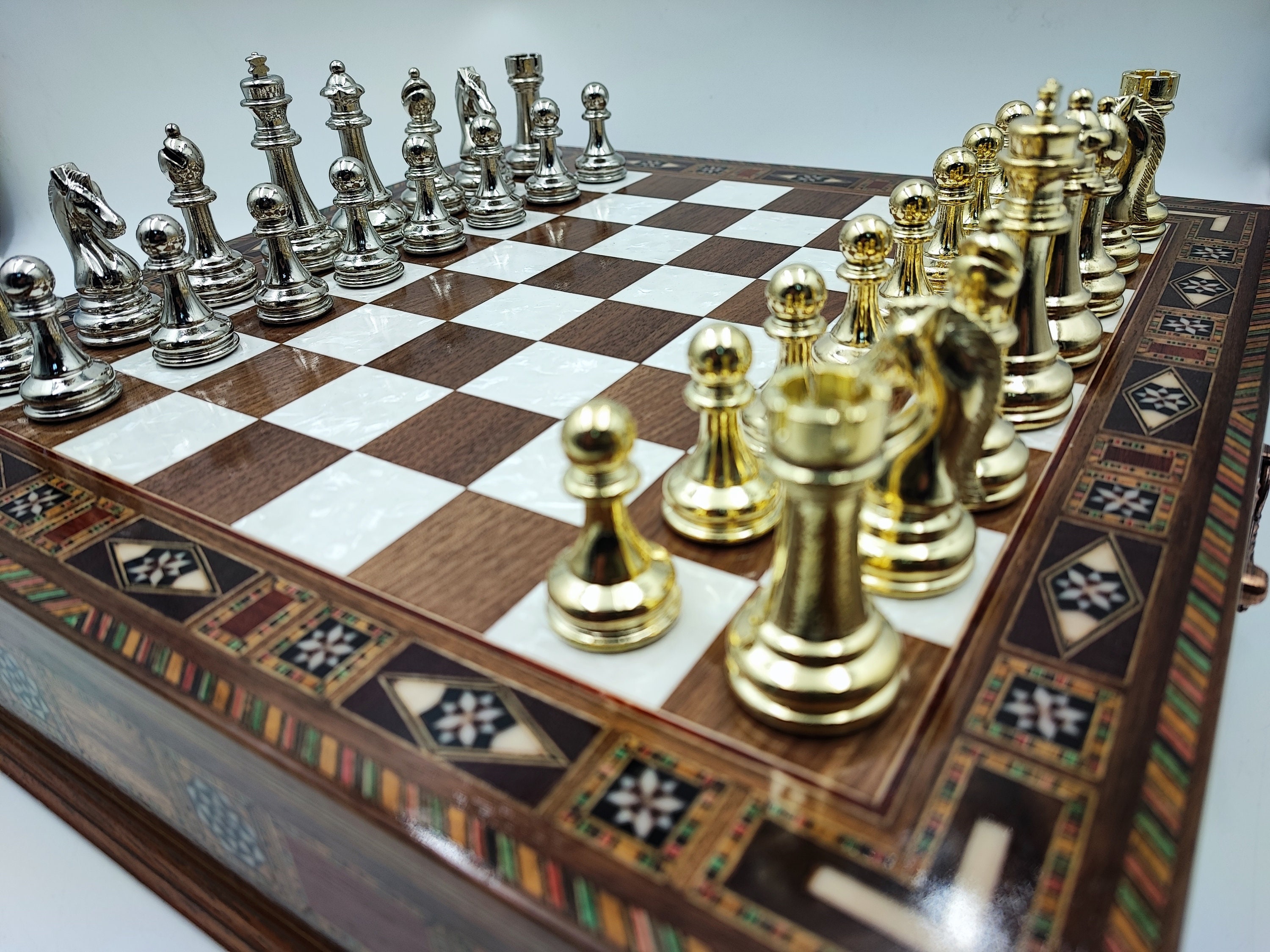 Christmas Walnut & White Mother of Pearl Storage Drawer Chess Set ...