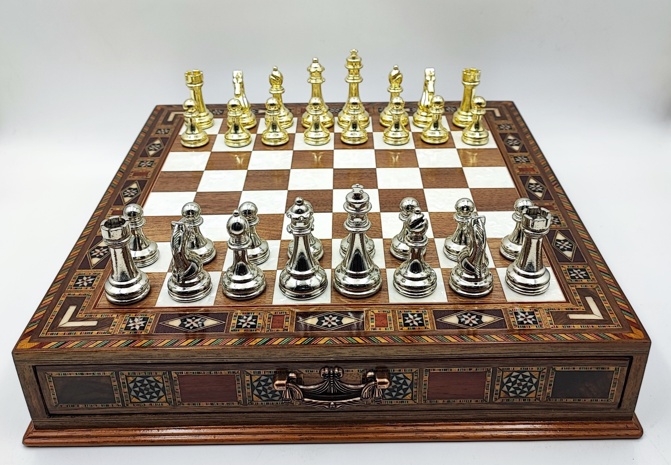 Christmas Walnut & White Mother of Pearl Storage Drawer Chess Set ...