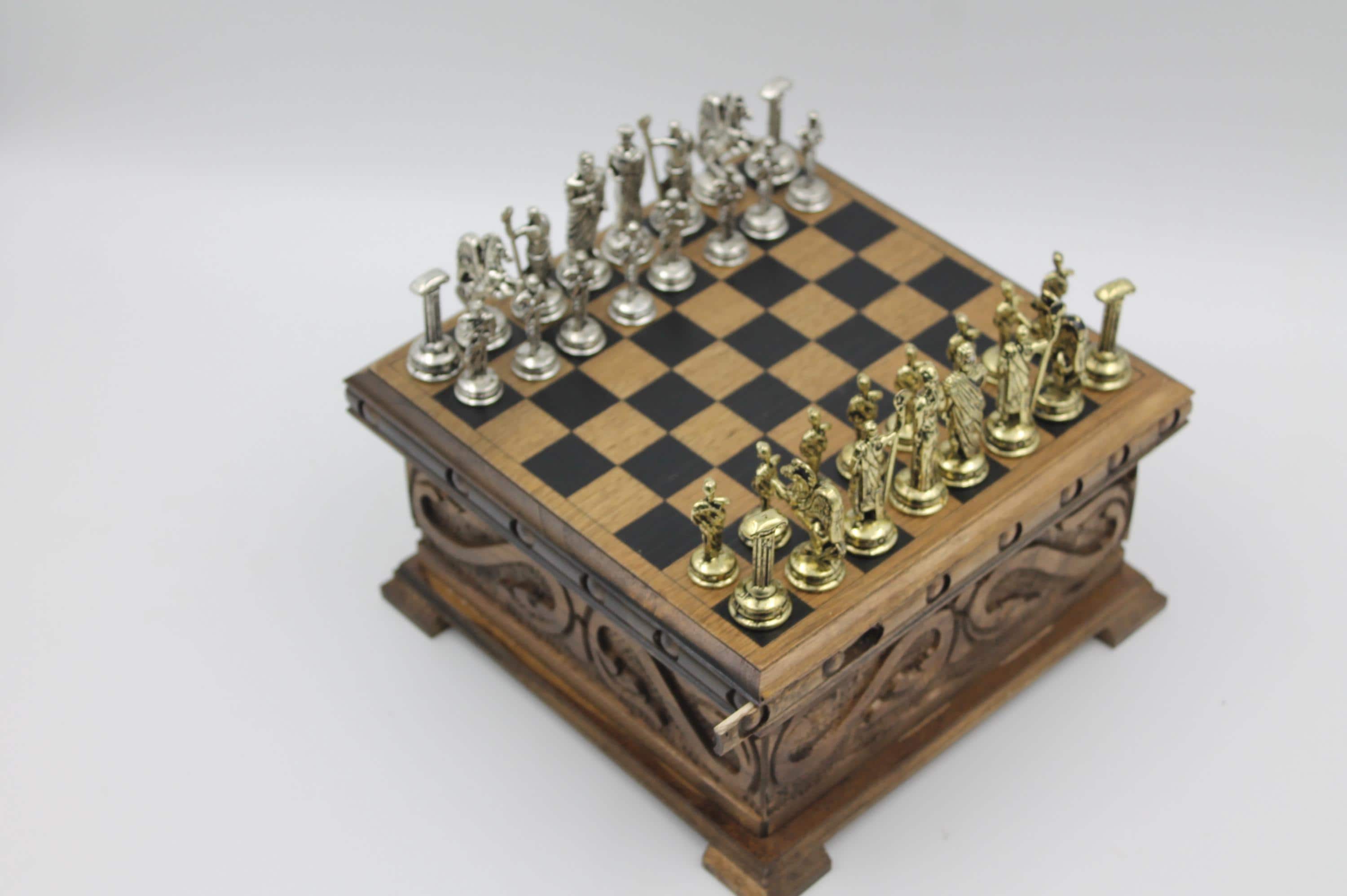 Personalized Chess Set With Storage Handmade Roman Metal Chess Pieces Custom Wooden Chess Board ...