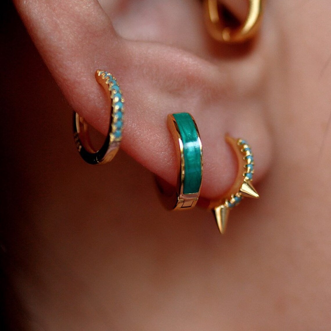 18k Gold Turquoise Earrings, Turquoise Hoop Earring, Enamel Huggies Set ...