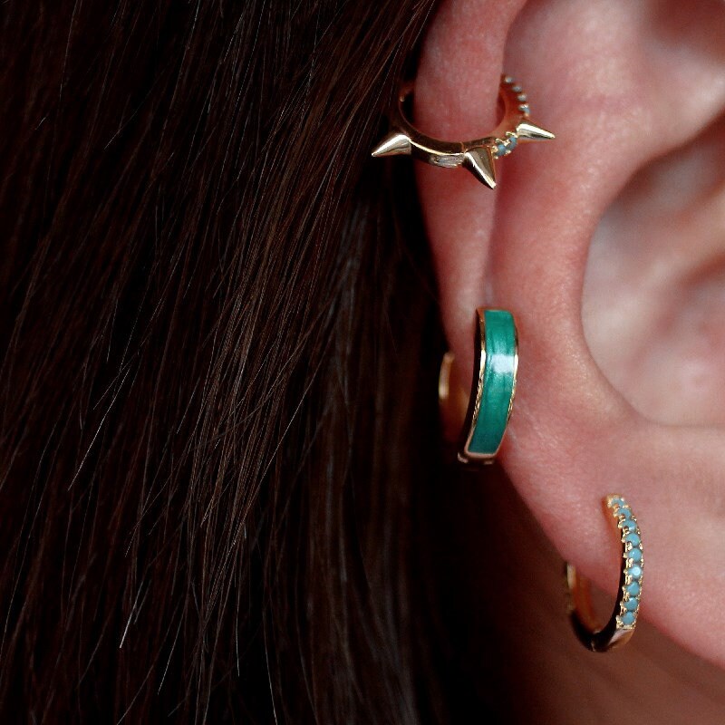 18k Gold Turquoise Earrings, Turquoise Hoop Earring, Enamel Huggies Set ...