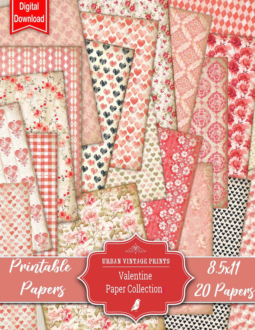 Valentine's Papers, Printable Pages, Romantic Junk Journal, Ephemera ...