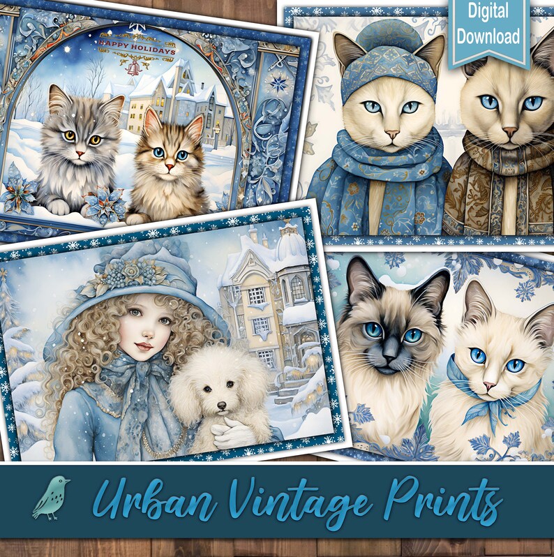 Blue Gold Christmas Cute Cats and Dogs Digital Winter New Year Cards ...