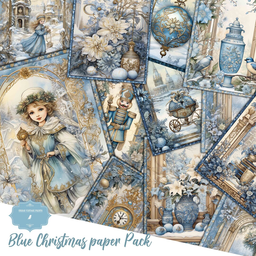 Blue White Gold Christmas Winter Paper Pack, Decorative Printable ...