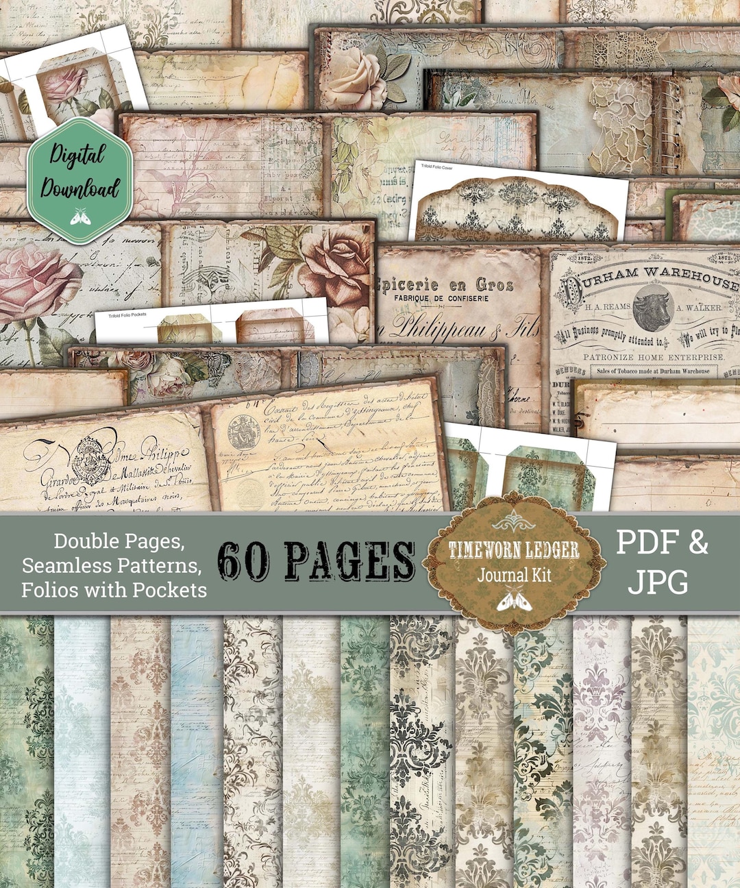60 Junk Journal Timeworn Ledger Vintage Decorative Printable Folios ...