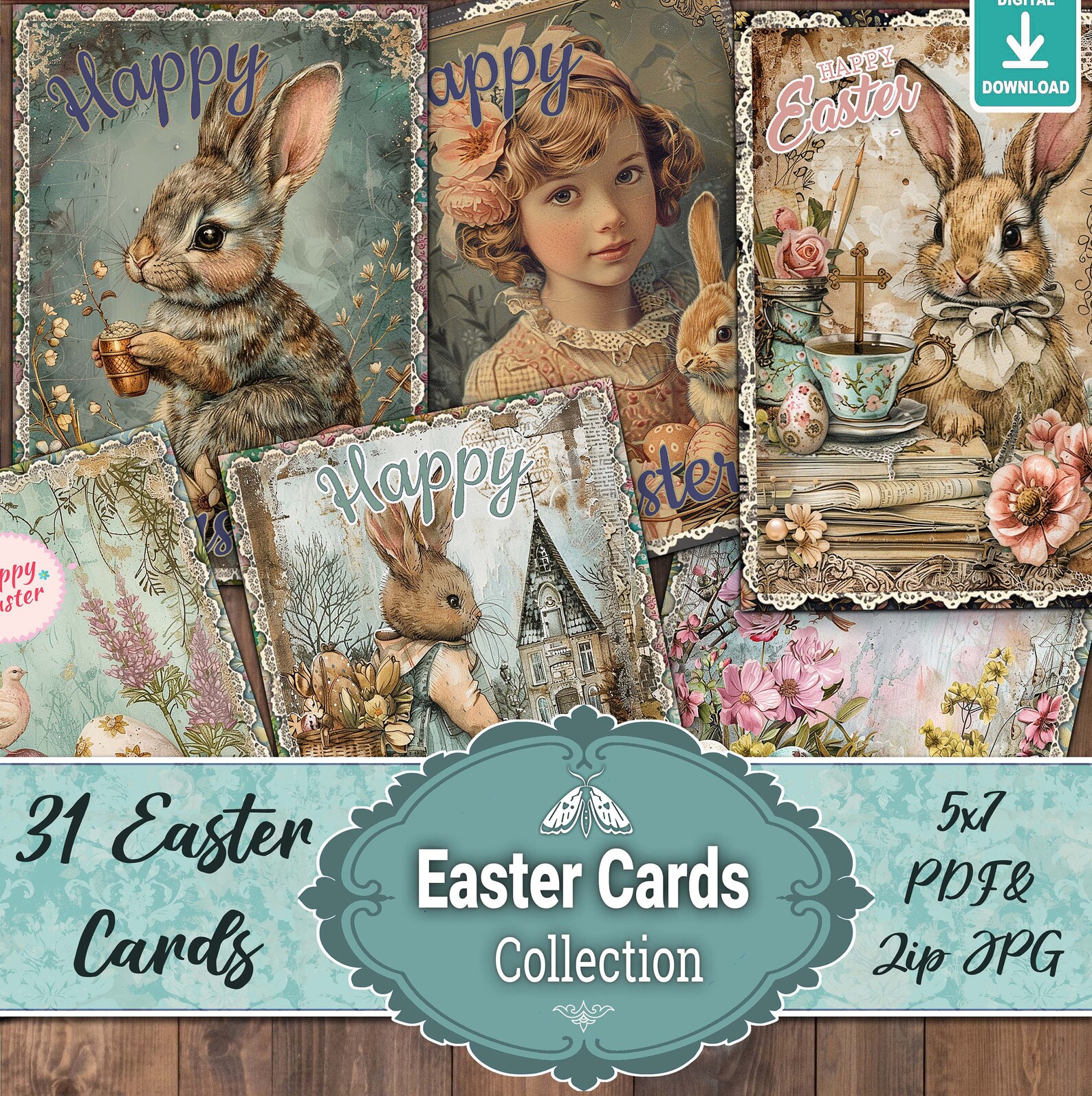 31 Digital Easter Cards Junk Journal Vintage Ephemera Paper Decorative ...