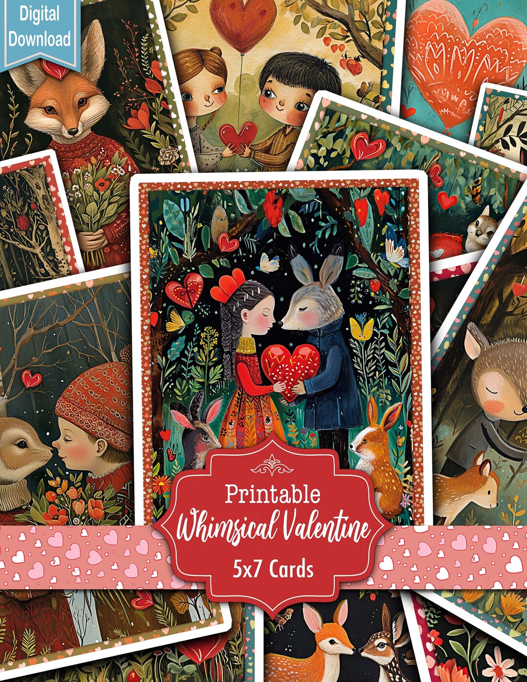 Whimsical Valentine Greeting Cards Group5 Joyful Digital Download Kids ...