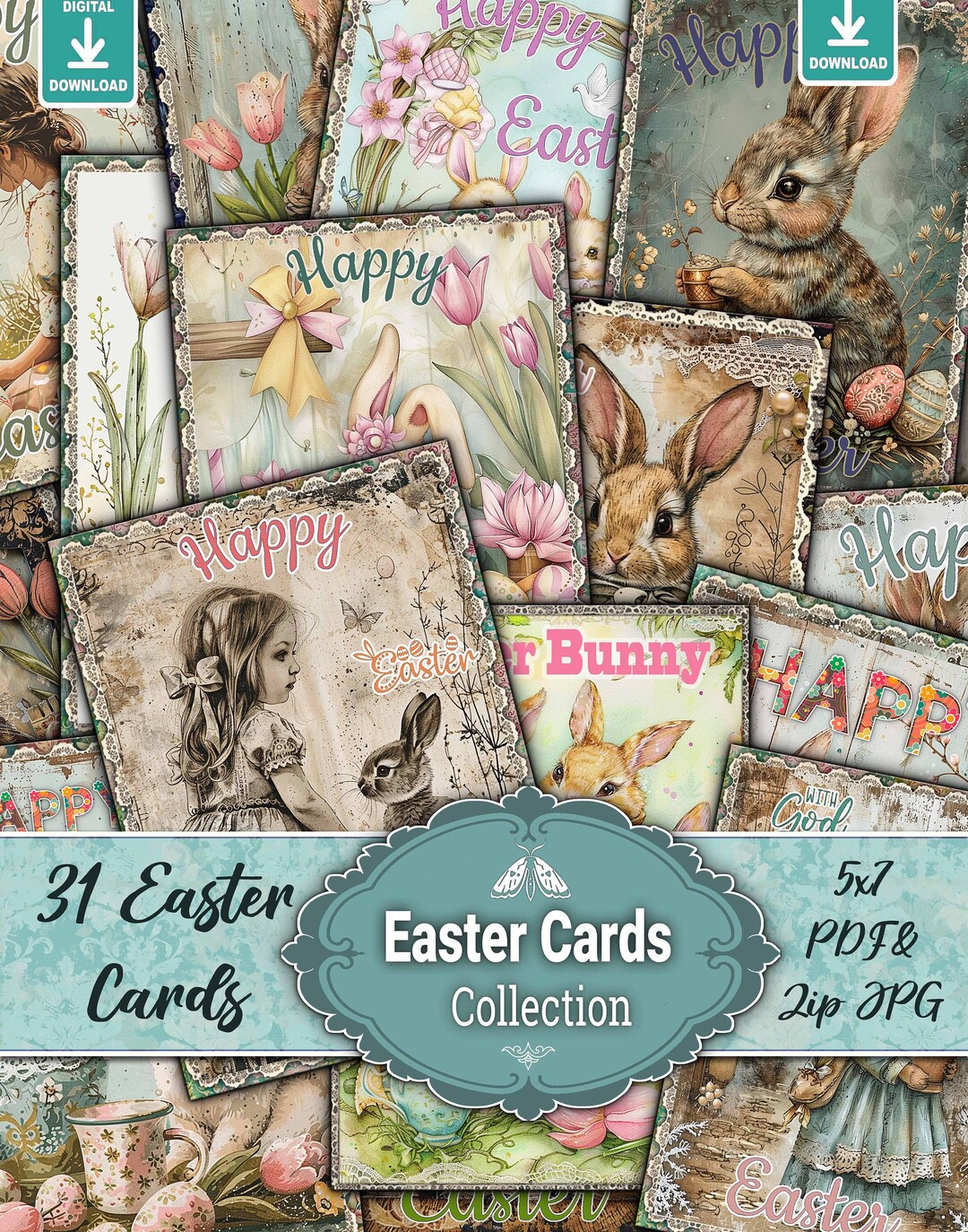 31 Digital Easter Cards Junk Journal Vintage Ephemera Paper Decorative ...