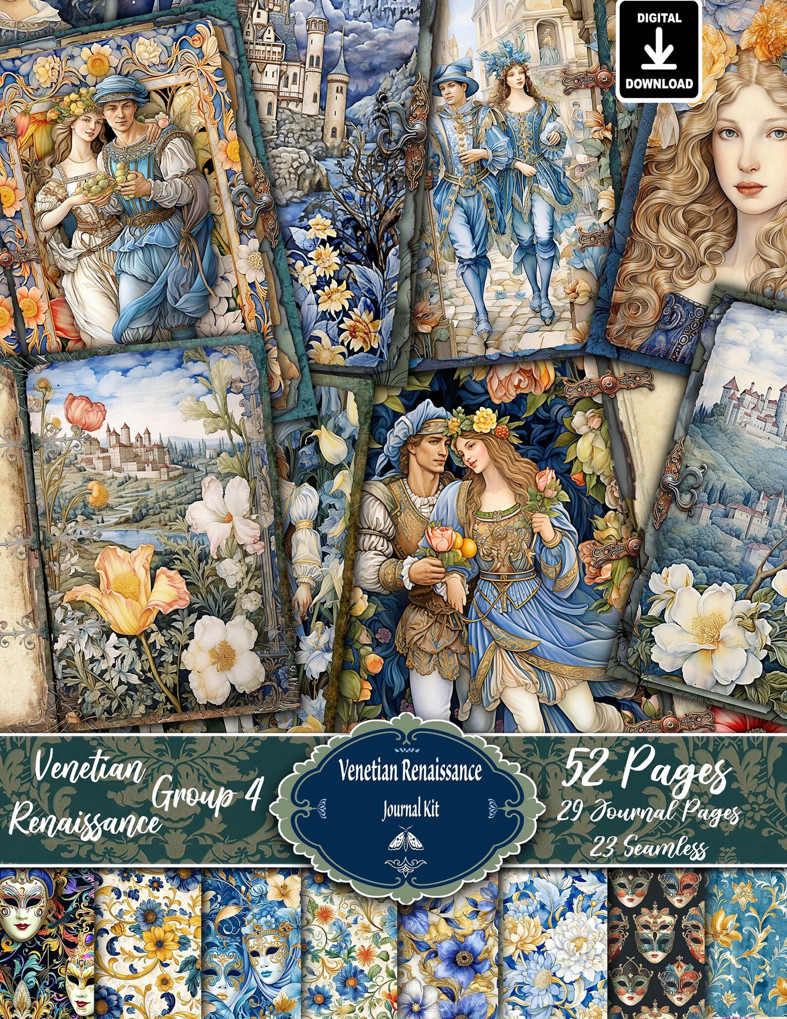 Venetian Renaissance Group4, Digital Collage, Printable Download ...