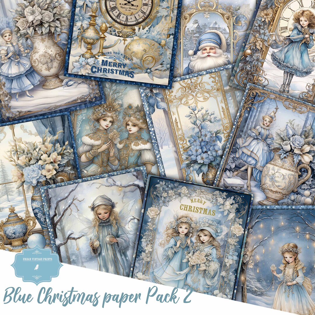 Blue Gold Christmas Holiday Winter Paper Pack, Decorative Printable ...