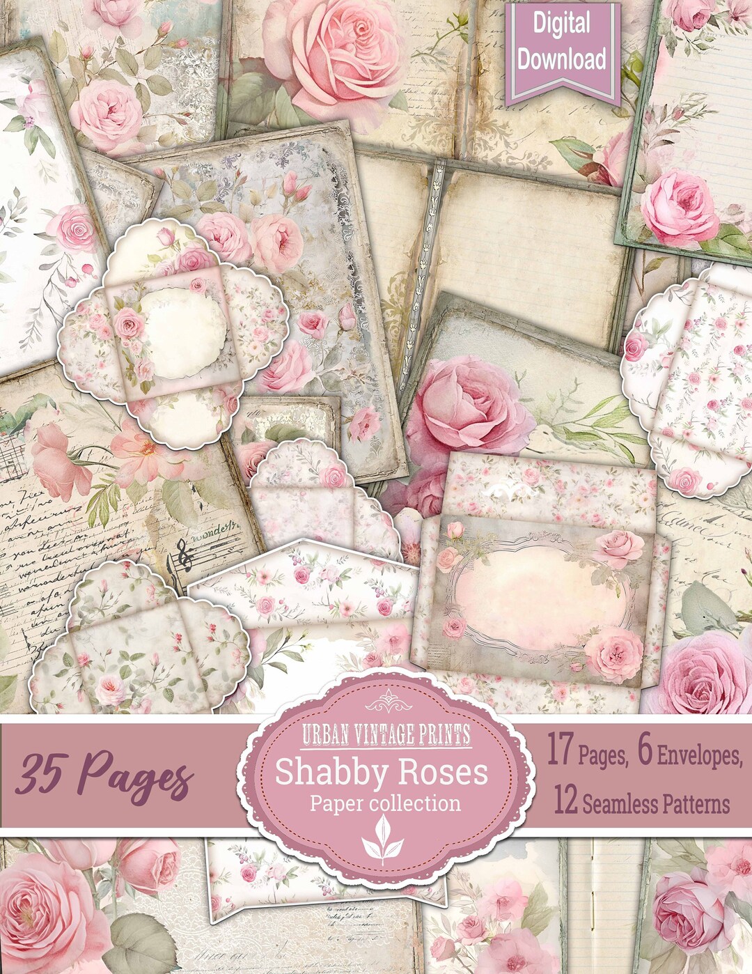 Shabby Roses,vintage Digital Collage,weathered Printable Download ...