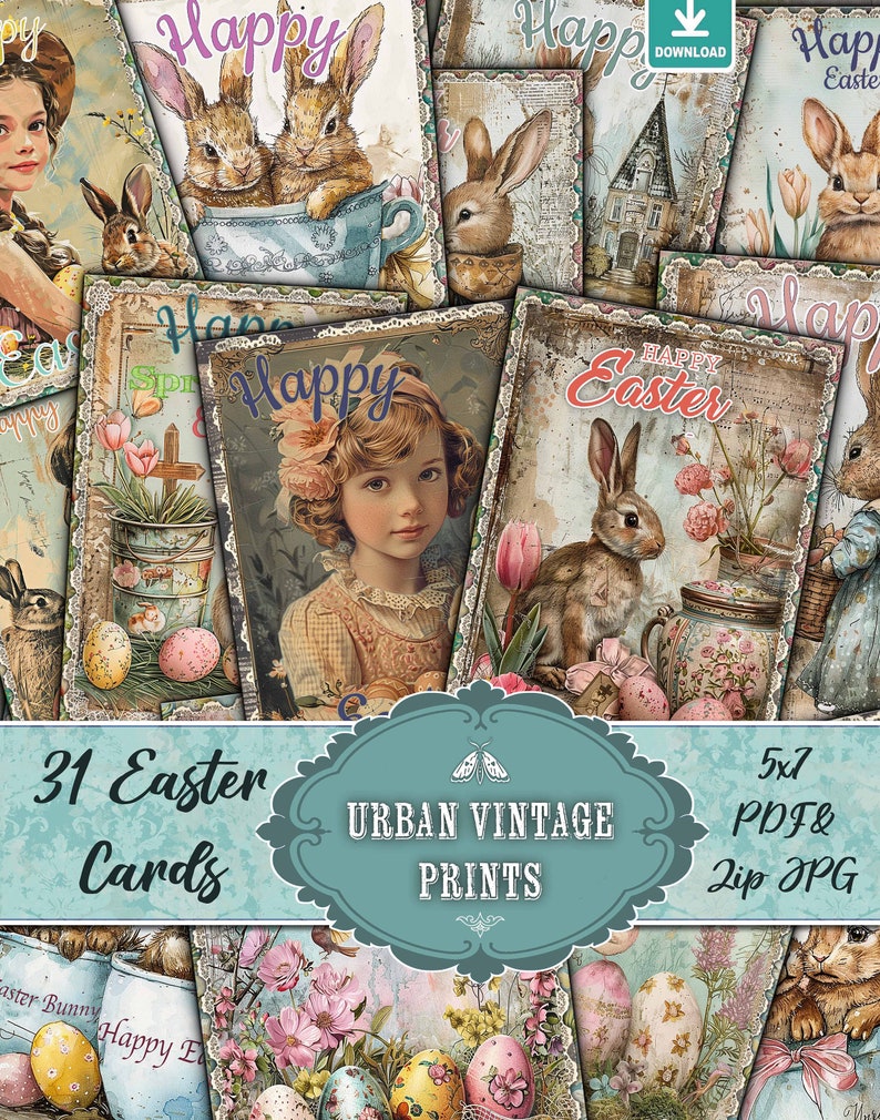 31 Digital Easter Cards Junk Journal Vintage Ephemera Paper Decorative ...