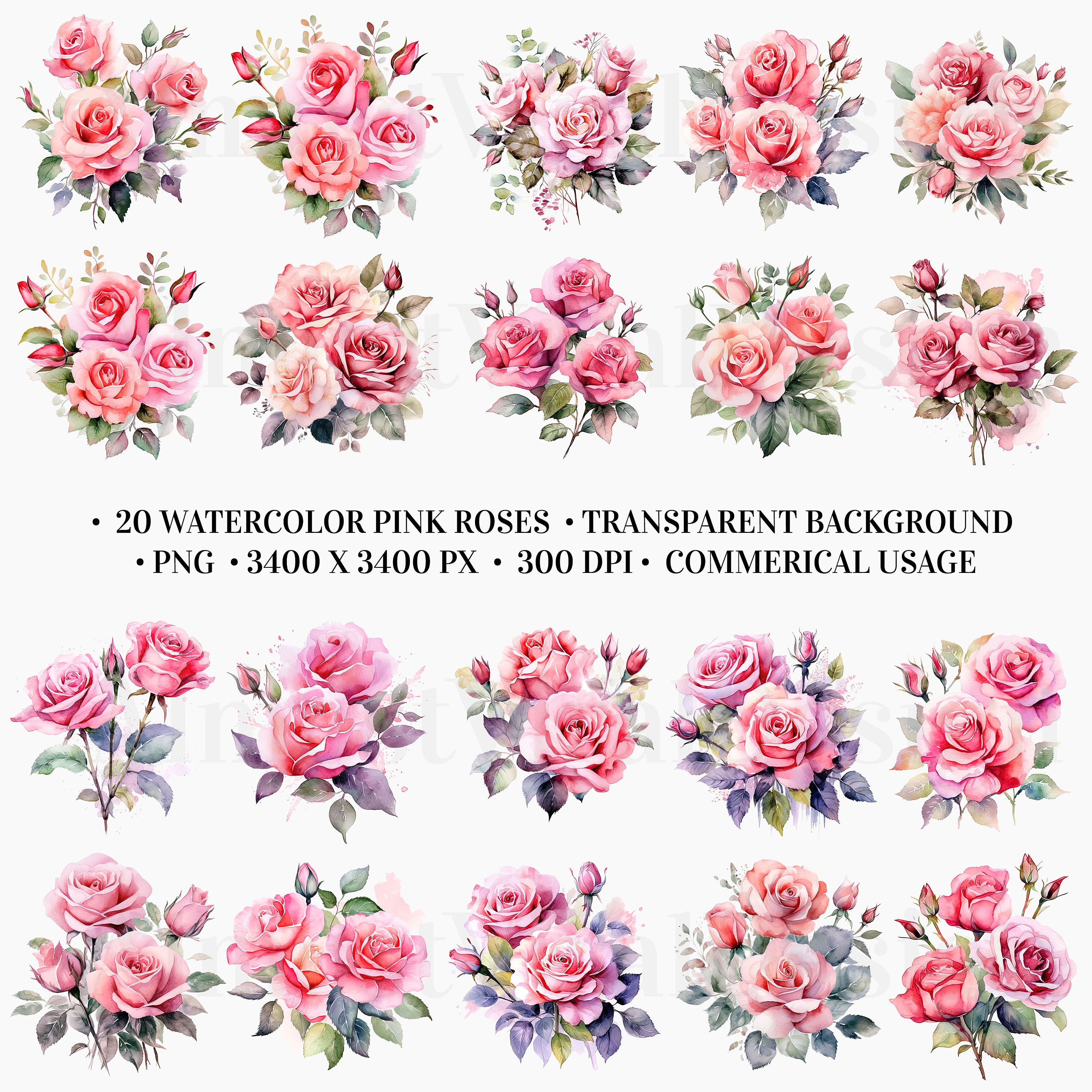 Watercolor Pink Roses Clipart Pink Flowers Bouquets Clipart - Etsy