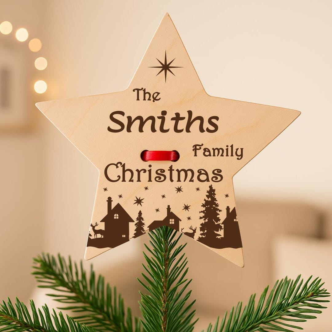 Personalised Christmas Tree Star Topper: Engraved Wood Family Name ...