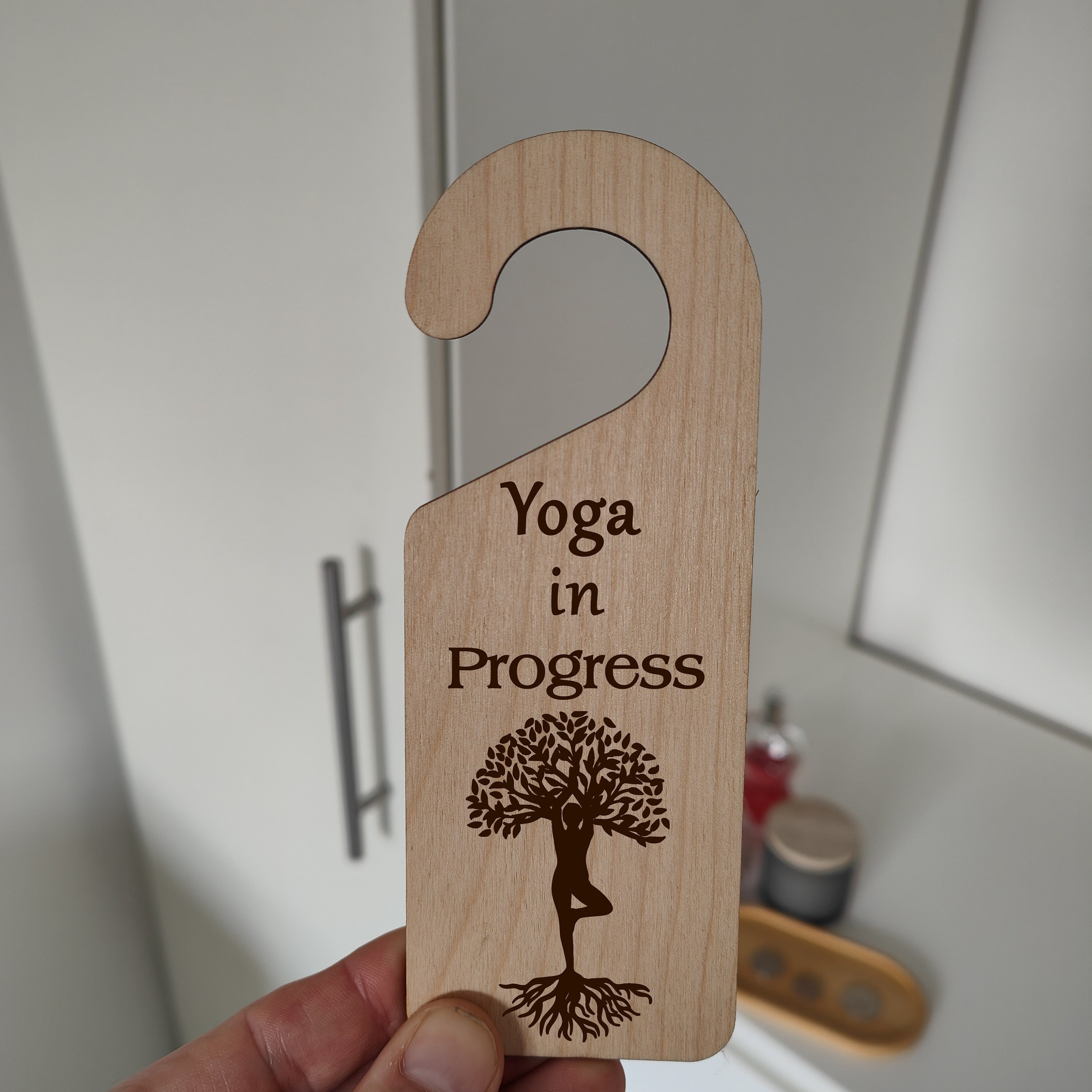 Yoga in Progress Door Hanger: Engraved Wood Meditation Sign - Etsy