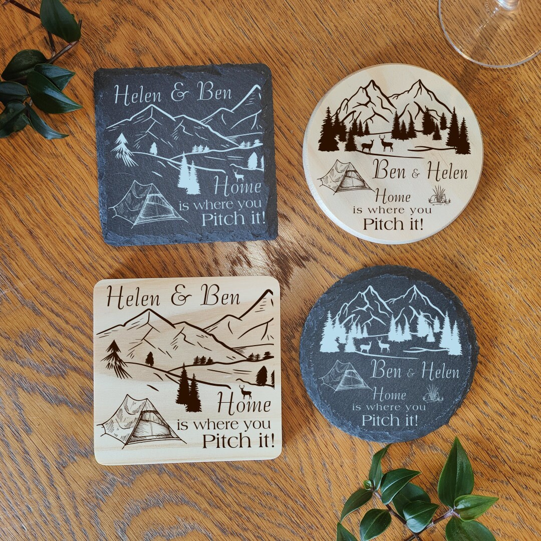 Personalised Camping Coaster: Laser Engraved Wood or Slate Tent Gift - Etsy