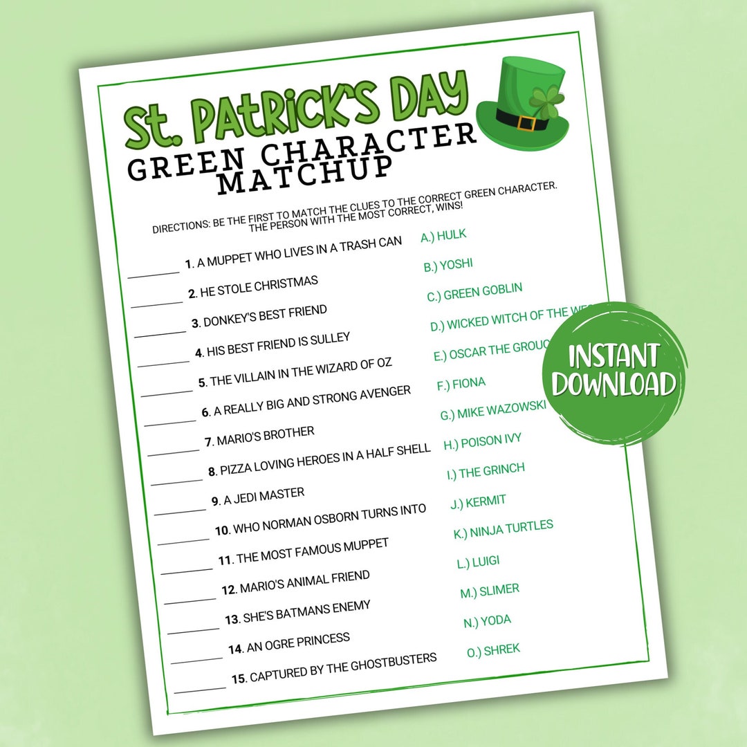 St. Patrick's Day Printable Games Green Character Trivia Game Color Me ...