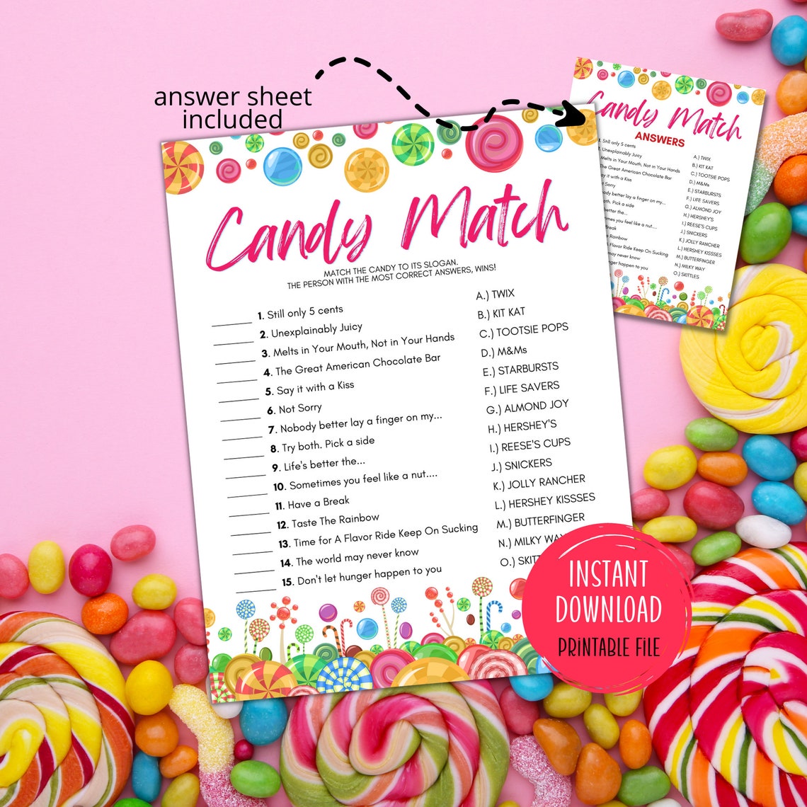 Candy Match Game Candy Slogan Printable Game Game for Kids - Etsy