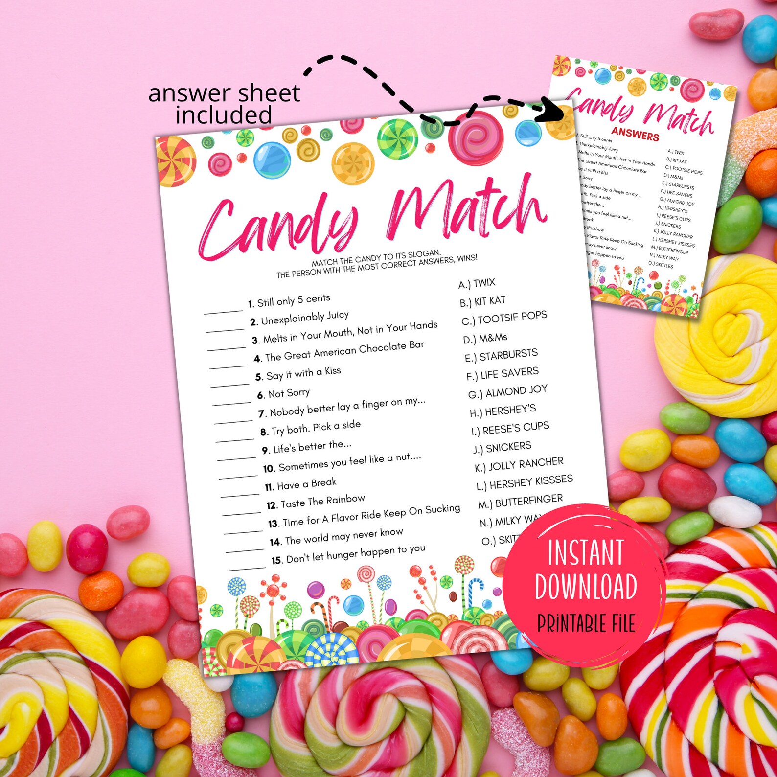 Candy Match Game Candy Slogan Printable Game Game for Kids - Etsy