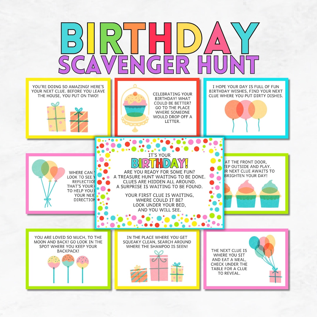 Indoor Birthday Scavenger Hunt, Birthday Treasure Hunt, Birthday Clues ...