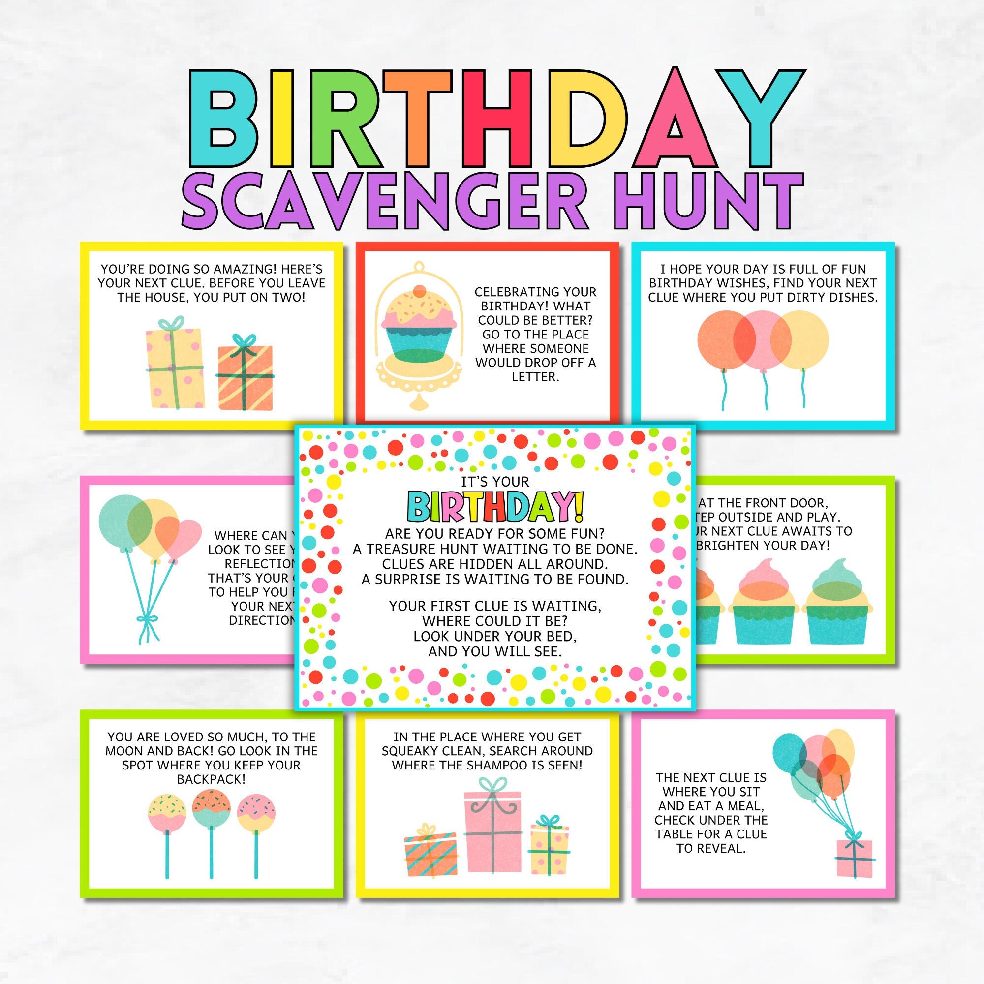 Indoor Birthday Scavenger Hunt, Birthday Treasure Hunt, Birthday Clues ...