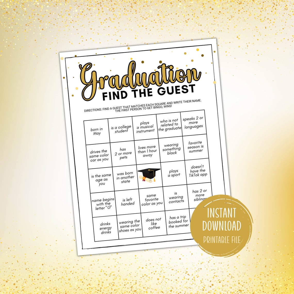 Graduation Games Printable Find the Guest Bingo Game Graduate Instant ...