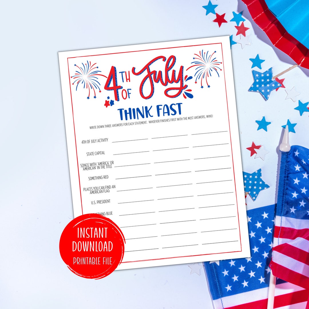 4th of July Think Fast Game | Printable Fourth of July Game | Instant ...